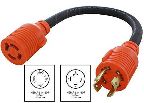 AC WORKS 30Amp 4 Prong 125/250Volt L14-30P Locking Plug to L14-20R 20Amp 4 Prong 125/250Volt Locking Female Generator Adapter (Flexible)