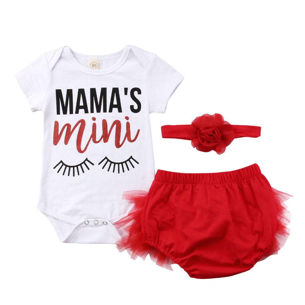 Newborn Baby Girls Floral Heart Peach Print Romper Long Pants with Bowknot Headband Outfit Set (0-3 Months, Red(Short Sleeve))