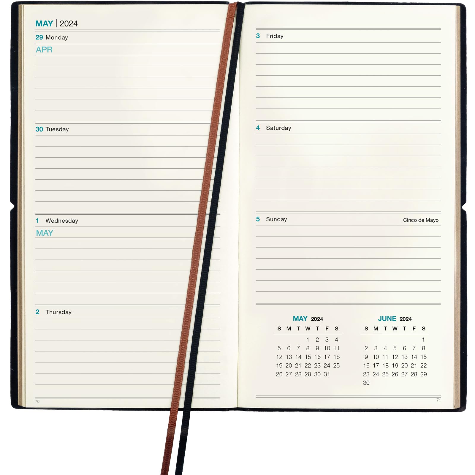 2024 Planner/Pocket Calendar 4"x7": 14 Months (Nov 2023 - Dec 2024) Weekly, Monthly Calendars, Leather Material, Elastic Closure, Decorative Stitching, Page Finder Ribbons and Notes Pages(Brown/Black)