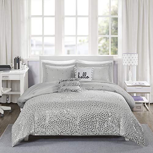 Intelligent Design Zoey Triangle Metallic Print, Cozy Comforter Set All Season Bedding Set, Matching Sham, Decorative Pillow, King/Cal King, Grey/Silver 5 Piece