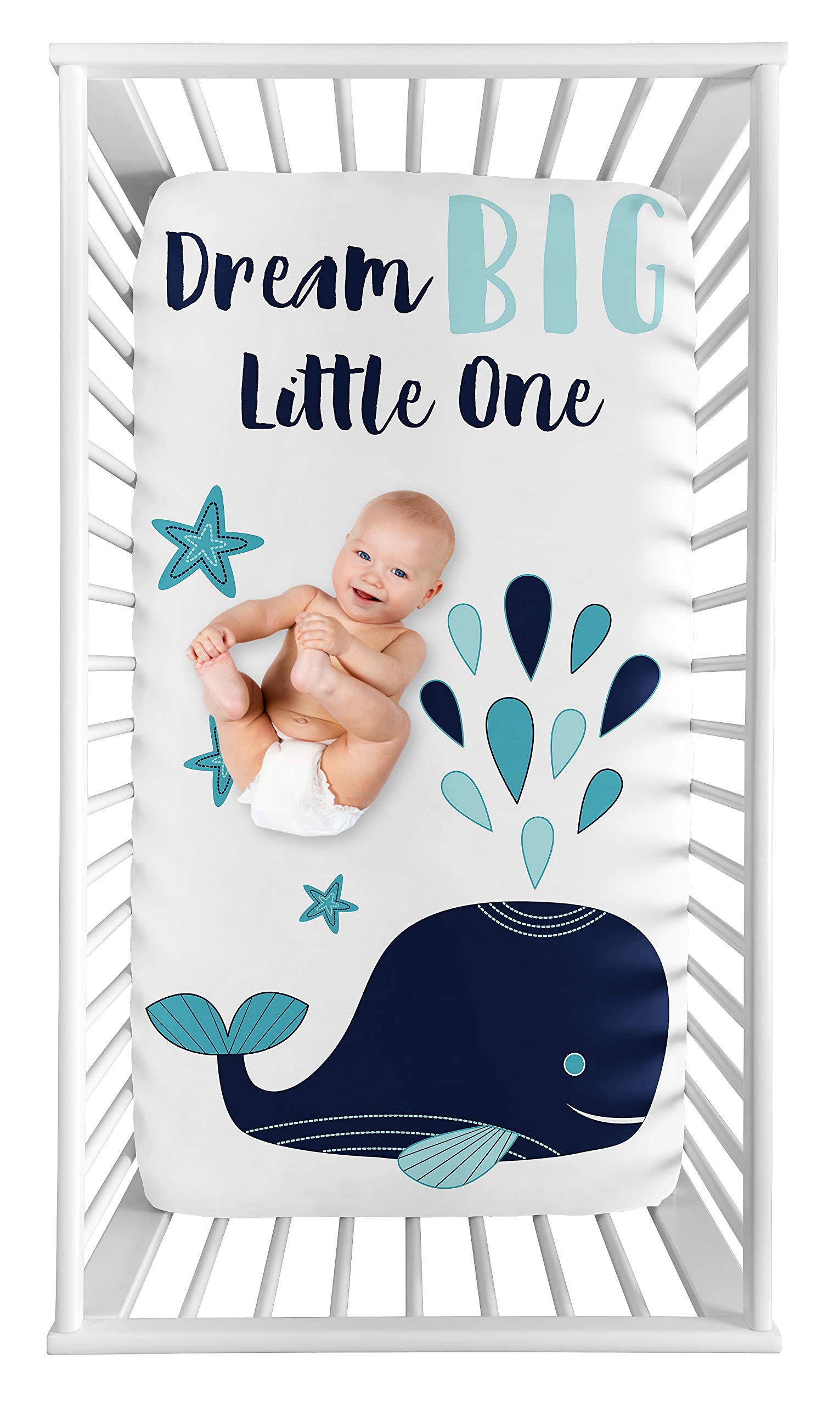 Sweet Jojo Designs Whale Boy or Girl Fitted Crib Sheet Baby or Toddler Bed Nursery Photo Op - Turquoise and Navy Blue Nautical Ocean Sea