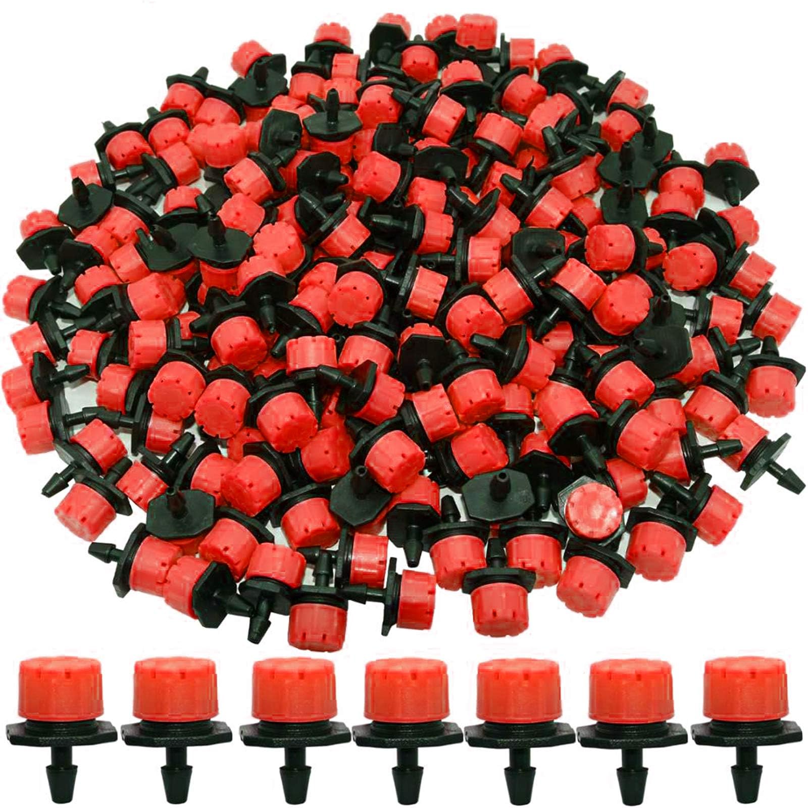 Kalolary 200Pcs Adjustable Drip Irrigation Emitters, 1/4Inch Adjustable Micro Drip Irrigation System Watering Sprinklers Anti-Clogging Emitter Dripper Red Garden Supplies