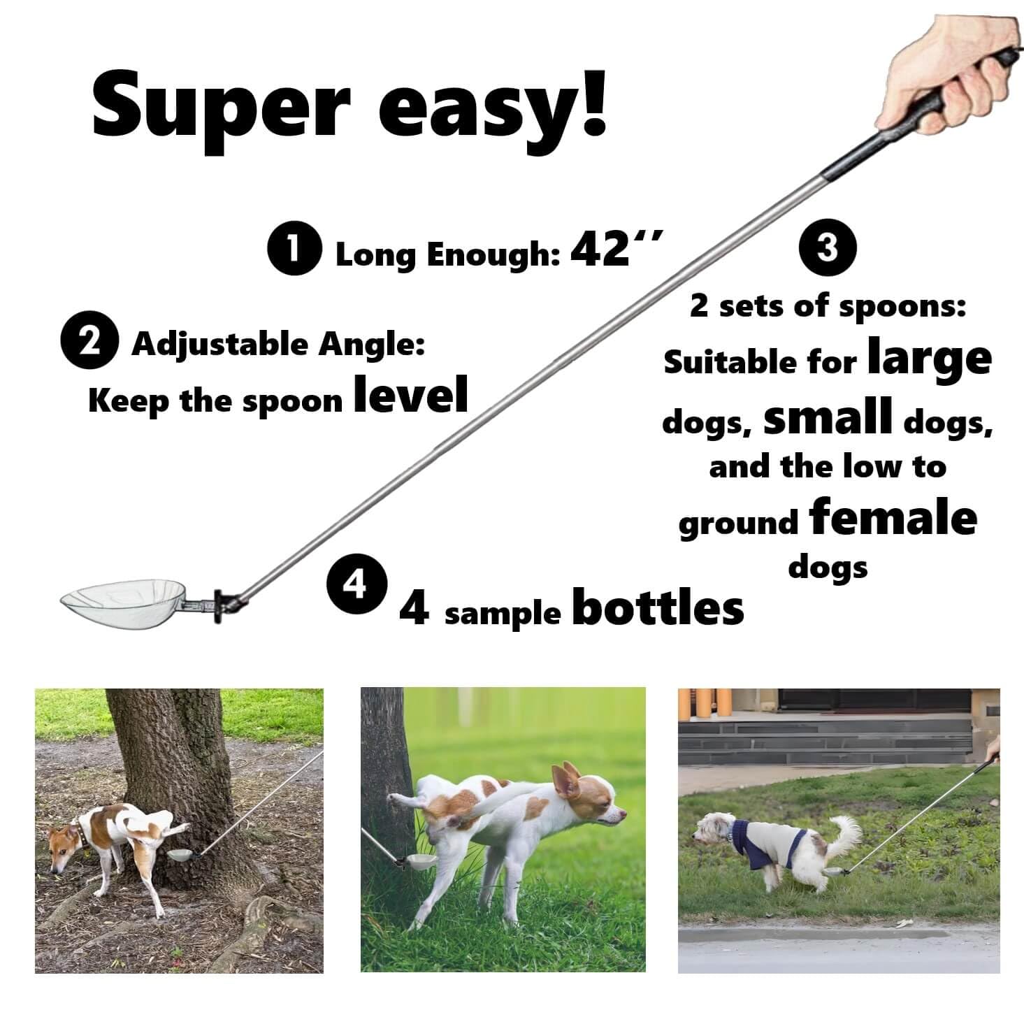 iNenya Dog Urine Sample Catcher,Telescopic Dog Pee Sample Collector,Pet Urine Stick for Small Large Female Dogs (Grayspoon&4bottles)