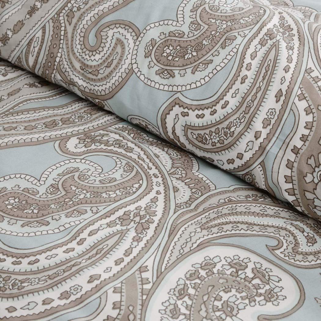 5 Piece Blue Khaki Paisley Floral Pattern Comforter King/Cal King Set, Beautiful All Over Large Scale Motif Bohemian Flowers Design Bedding, Features Button Closure, Mid-Century Classic Style, Cotton