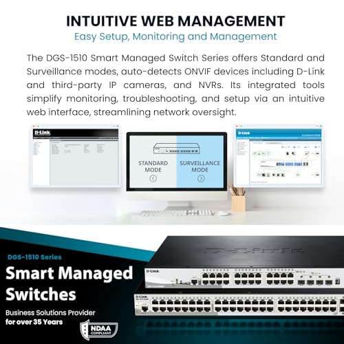 D-Link 20-Port Gigabit Stackable Smart Managed Switch 10G Uplinks | 16 Gigabit + 2 10GbE SFP+ and 2 SFP Ports| L2+/L3 Lite |VLANs |Web Managed |Surveillance Mode| NDAA Compliant (DGS-1510-20)
