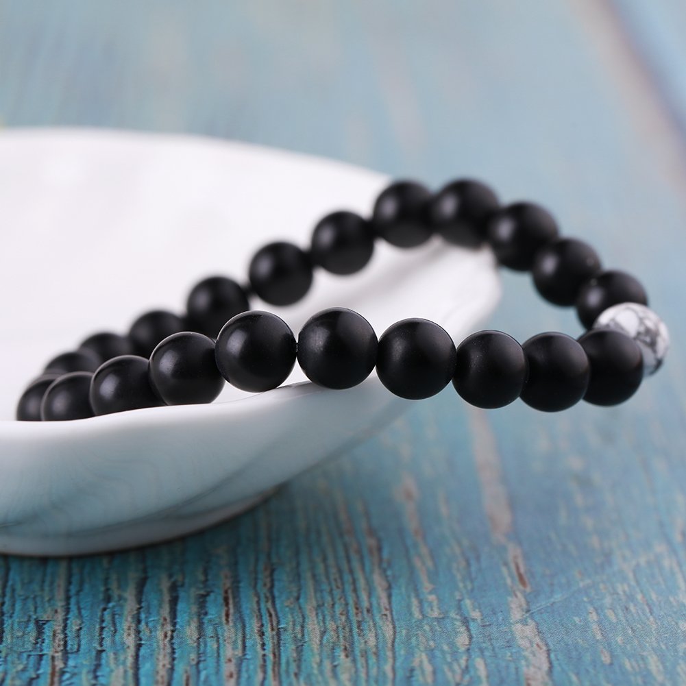 2 Pcs Couple Distance Relationship Bracelets Black Matte Agate & White Howlite Energy Beads Stone Ying Yang Balance Bracelet Banglet for Lovers Touch Bracelets Long Distance Relationship¡