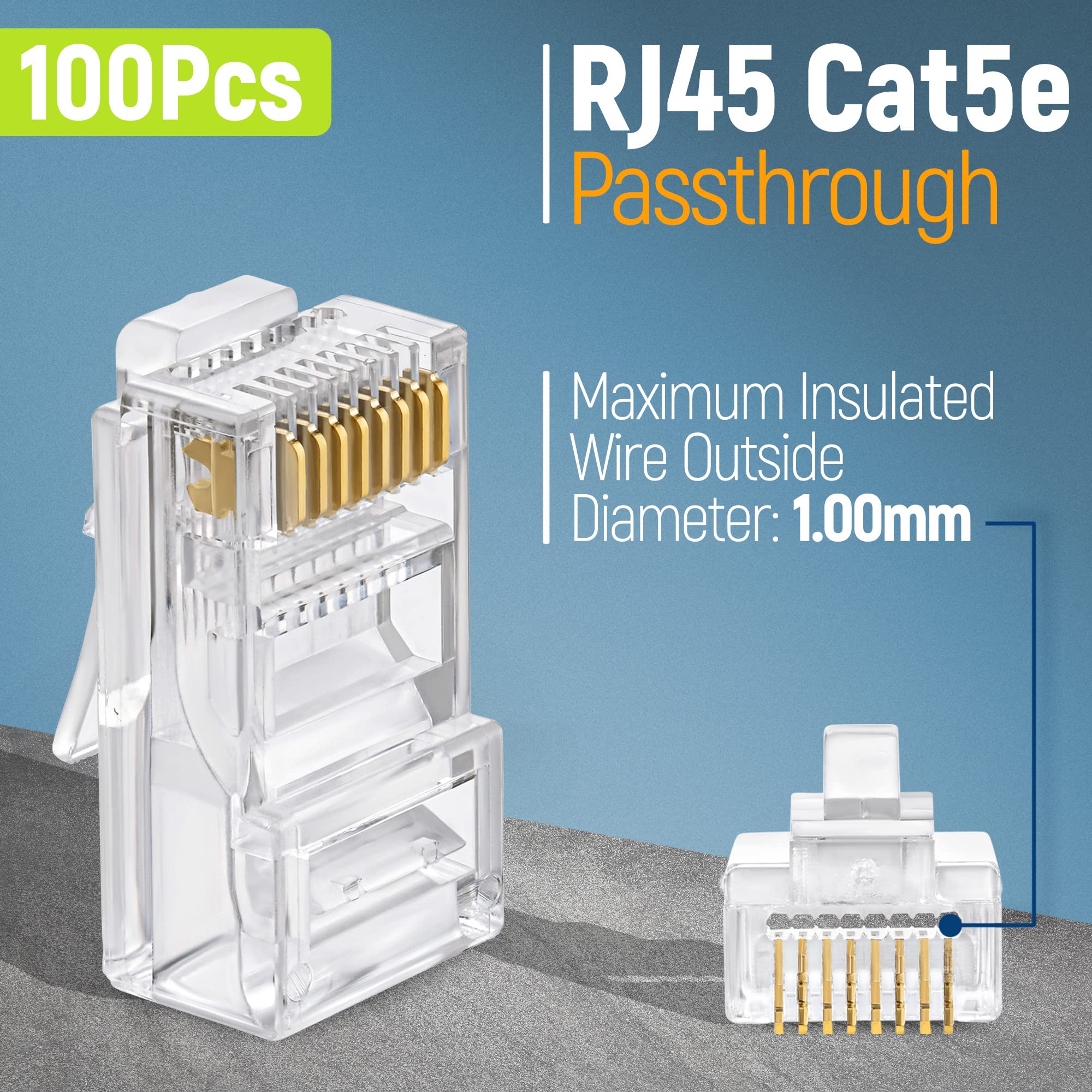 GTZ Cat5e RJ45 Pass Through Connector 100-Pack - EZ Cat 5e Pass Through RJ45 Connectors - Cat 5e Connectors - Ethernet Connector, Ethernet Plug - for Solid or Stranded UTP Network Cable