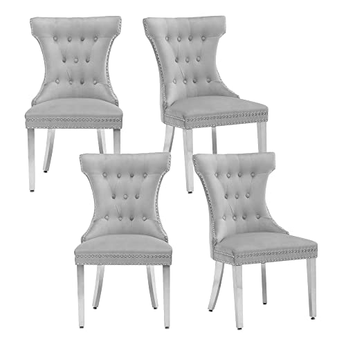 adochr Modern Velvet Dining Chairs Set of 4, Upholstered Dining Chair with Stainless Steel Metal Legs, Chairs Button Tufted Back, Grey