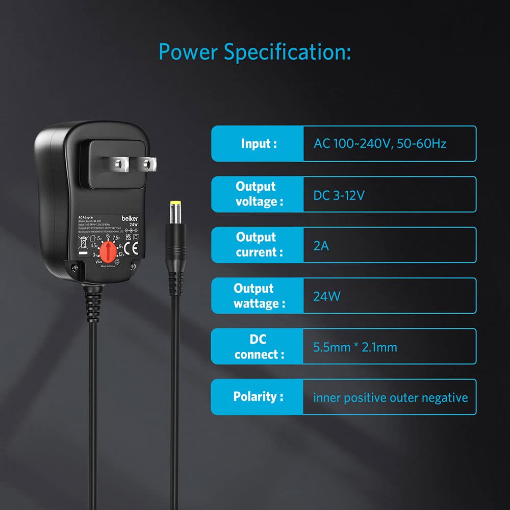 Belker 24W Multi Voltage 3V 4.5V 5V 6V 7.5V 9V 12V Universal AC DC Power Adapter Supply for Household Electronics - Max Amp 2000mA