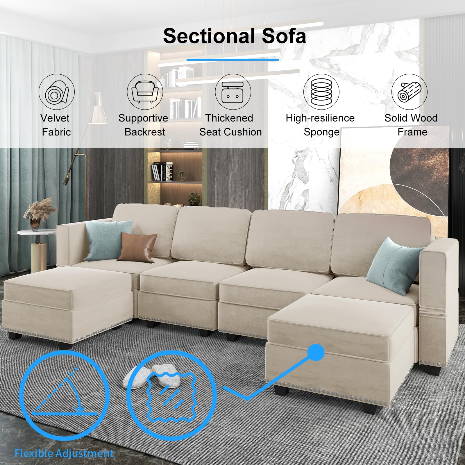 PUREMIND Modular Sectional Sofa with Reversible Storage Ottoman, Convertible U Shaped Couch with Adjustable Armrest & Backrest, Velvet Dark Grey 6 Seater L Shaped Sofa Sleeper for Living Room