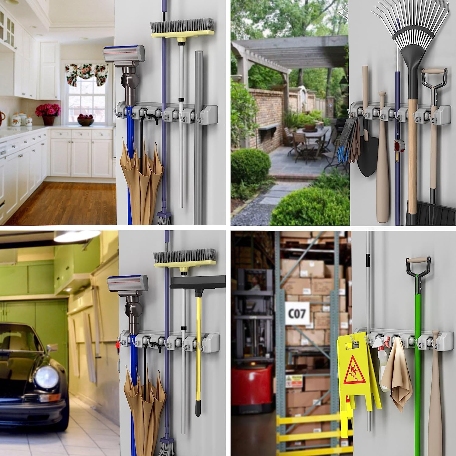 Stalwart Garden Tool Organizer Wall Mount Broom and Mop Holder, 5 Adjustable Slots and 6 Hooks Utility Rack for Garage or Home Organization