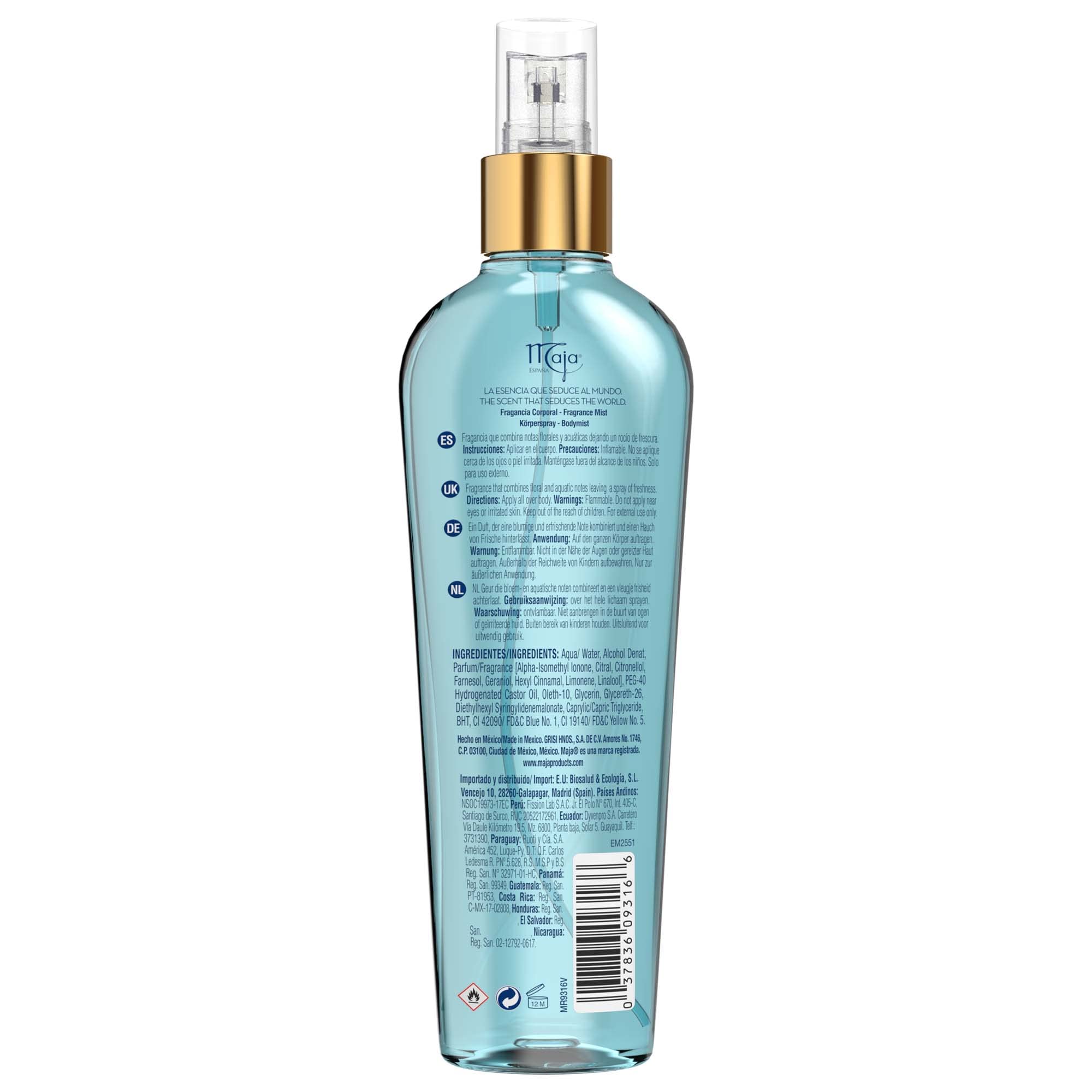Maja Aqua Turquoise Mist, Perfumed Body Mist with Floral and Aquatic notes to leave a spray of freshness, Refresh your Body, Fresh Scented, Aqua Turquoise Fragrance, 8.1 FL Oz, Spray Bottle.