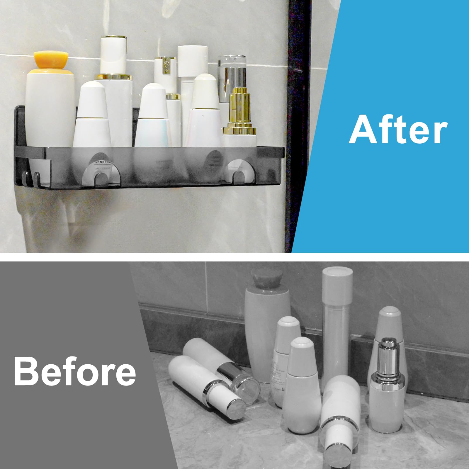 4-in-1 Shower Caddy, Adhesive Shelf with Soap Dish & Toothbrush Holder, Shower Shelves with Hooks, No Drilling Shower Storage for Home & Kitchen Decor, Wall Mounted Shower Shelf for Inside Shower