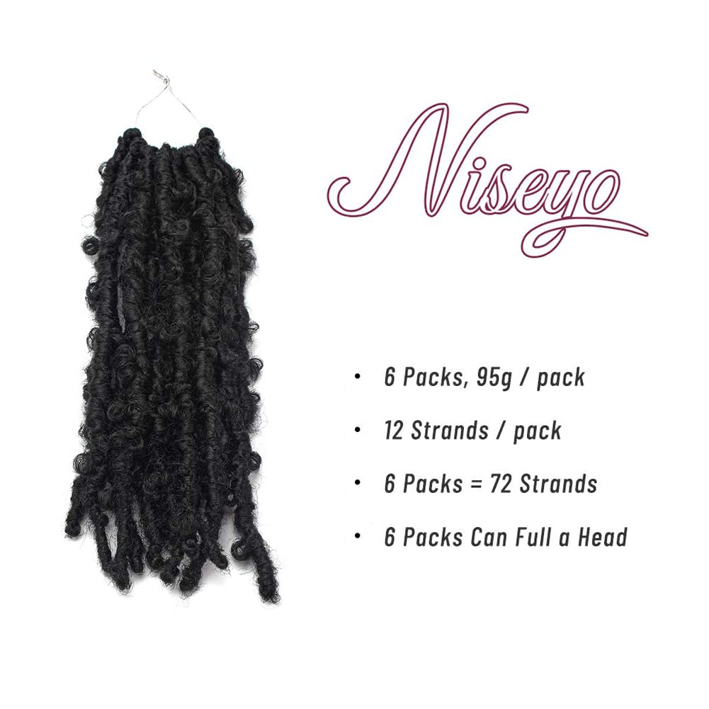 Niseyo 6 Packs Butterfly Locs Crochet Hair 12 Inch Pre Looped Natural Black Distressed Locs Crochet Braids (1B)
