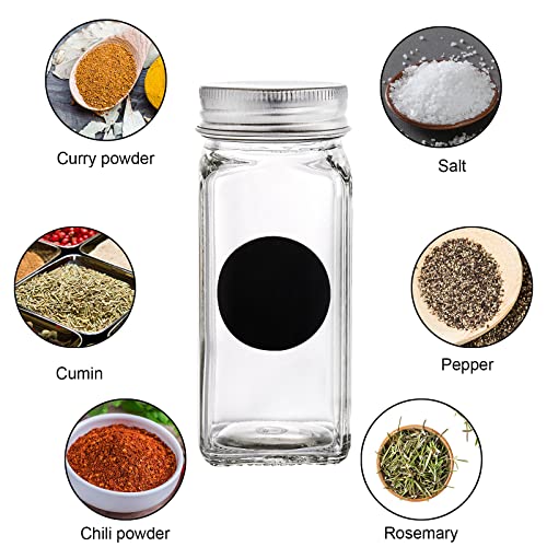 Tebery 30 Pack Glass Spice Jars Bottles 4oz Empty Square Spice Containers with Silver Metal Lids Complete Organizer Set Includes Shaker Tops, Wide Funnel and Labels