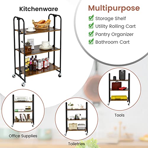 Giantex Foldable Storage Shelves with Wheels, No Assembly 3-Tier Rolling Cart, 2 of The Wheels Have Locks, Microwave Utility Cart Baker Rack, Portable Storage Rack w/Metal Frame, for Kitchen, RV