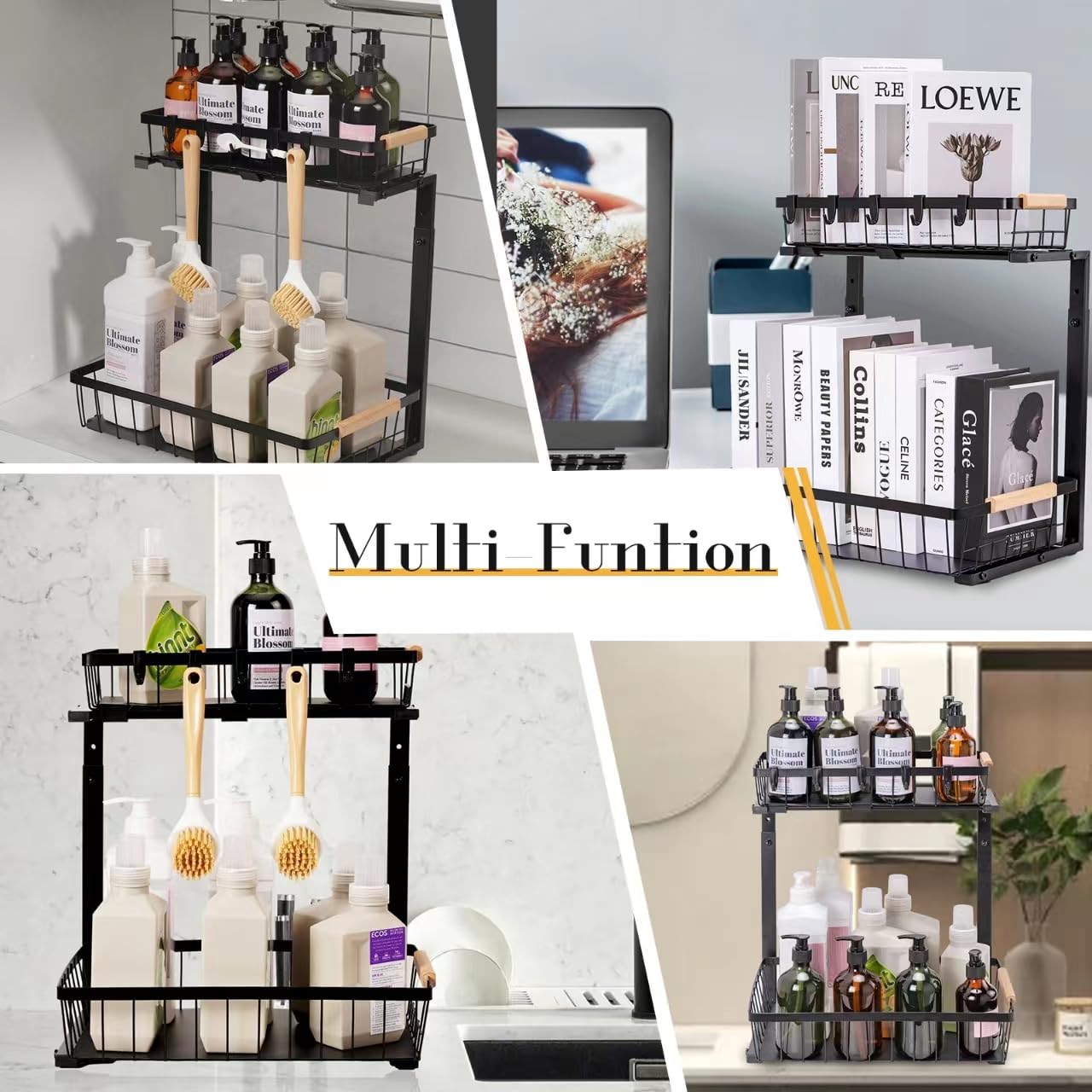 Under Sink Organizer and Storage, 2 Pack Adjustable Height Pull Out Cabinet Organizer Slide Out Sink Shelf Cabinet Storage Drawer with 8 Hooks, Under Sink Organizer for Kitchen Bathroom Cabinet