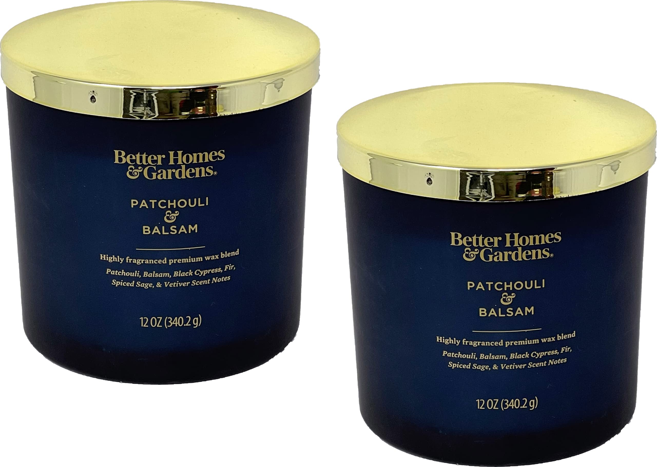 Better Homes and Gardens 12oz Scented Candle, Patchouli and Balsam, 2-Pack Gold Metal Lid