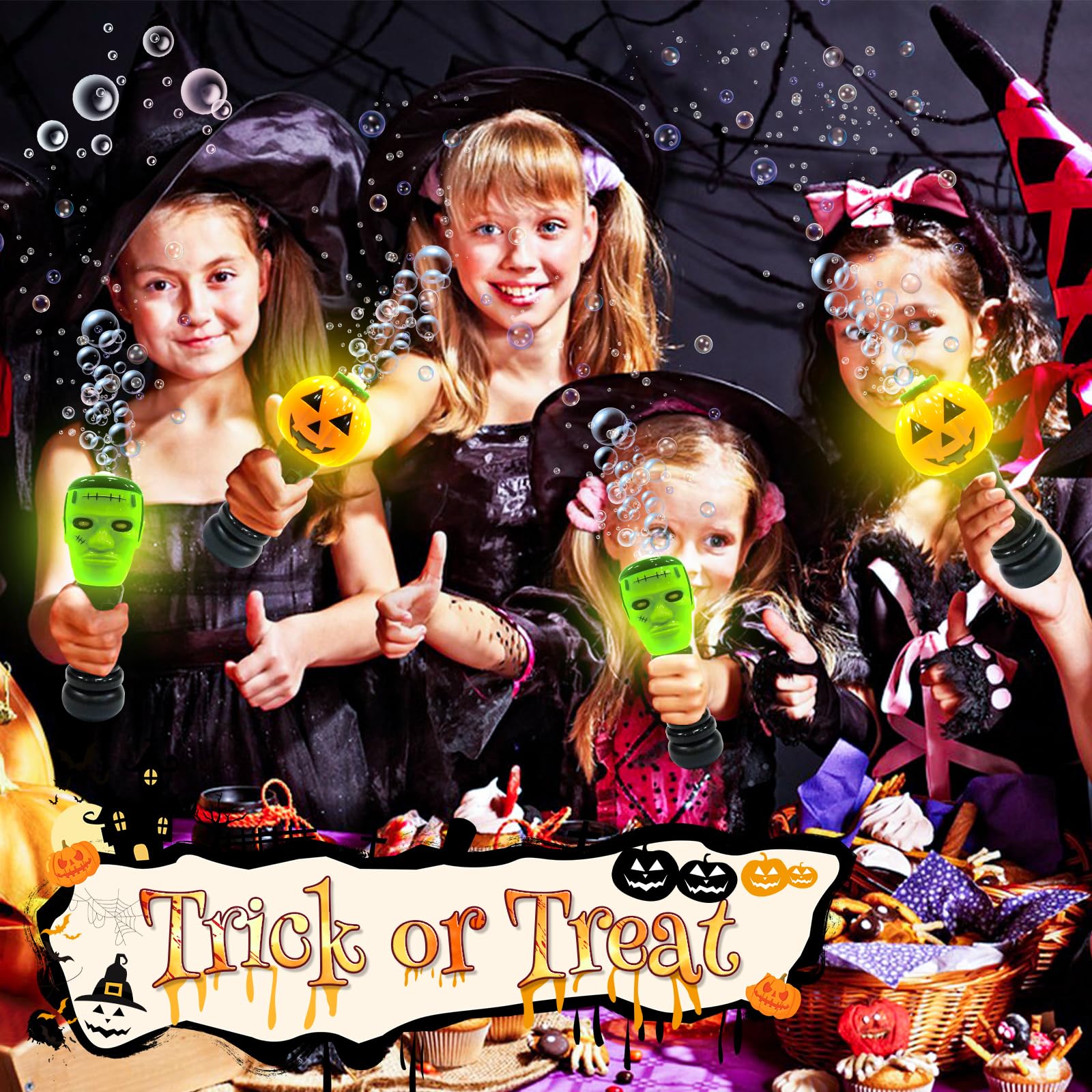 2 PCS Halloween Bubble Blower Wand for Kids, Automatic Light Up Pumpkin and Science Freak Bubble Machine Halloween Party Favors Decor Gift for Kids