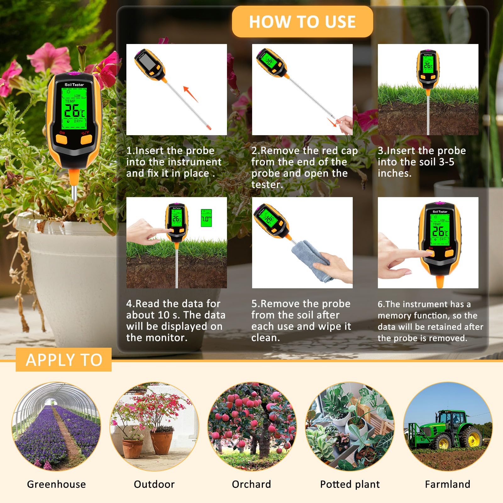 4-in-1 Soil Moisture Meter Digital Plant Temperature/Soil Moisture/PH Meter/Sunlight Intensity/Environment Humidity Backlight LCD display Soil Test Meter for Gardening, Farming and Outdoor Plants