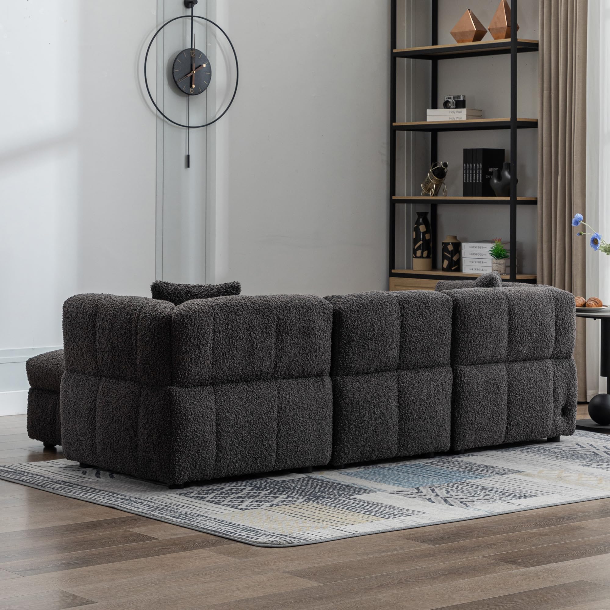 Convertible Sectional Sofa Teddy Fleece Fabric Couch with 2 USB Ports 1 Movable Storage Ottoman and 2 Lumbar Pillows