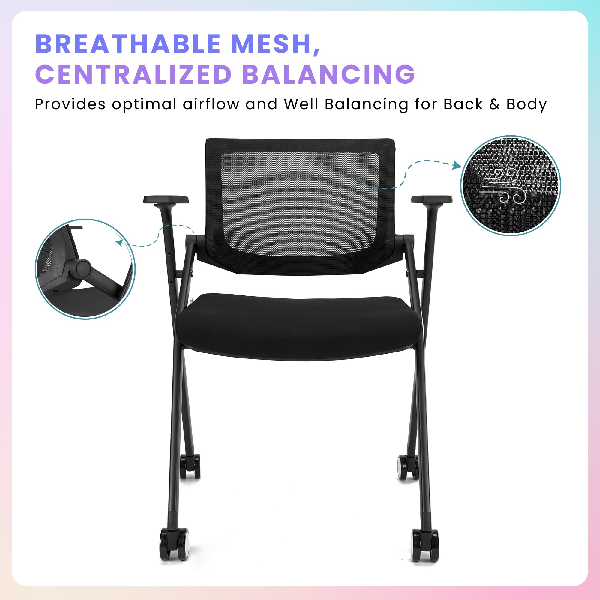 40 Chairs Stackable Conference Room Chairs with Wheels and Paddle - Ergonomic Mesh Back and Arms for Meeting, Conference, Reception, Training Room Chair & Office Desk Folding Chairs, Set of 40, Black