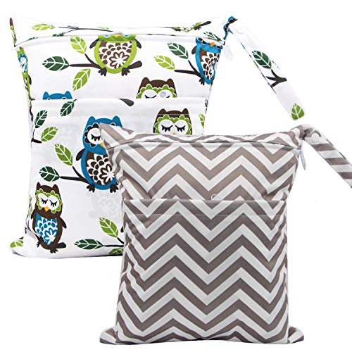 PandaEar (2 Pack Waterproof Wet Dry Bags Reusable Cloth Diaper | Multi-Functional Beach Travel Pool Yoga Gym Bag for Baby Items Swimsuits or Wet Clothes (Multi-Color 1)