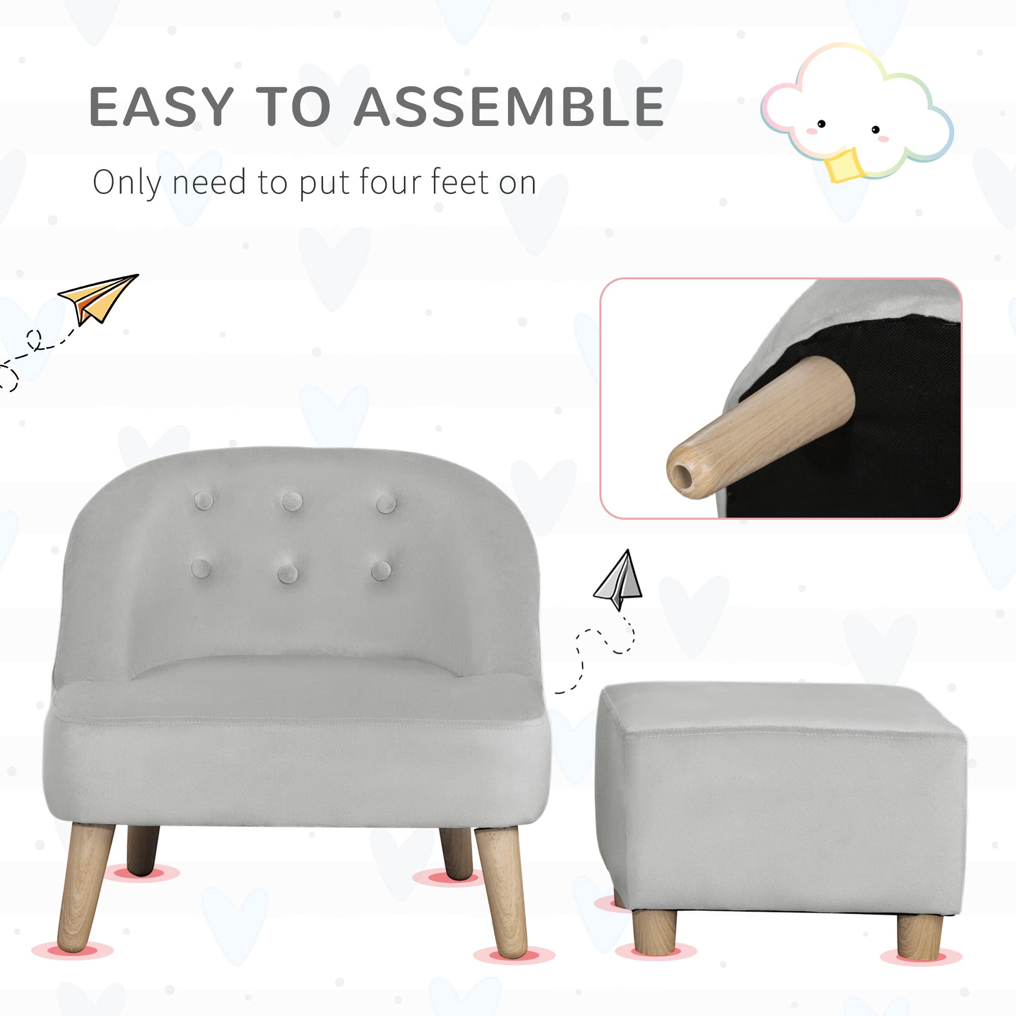 Qaba Kids Sofa Set, Toddler Chair, Sofa & Ottoman for Bedroom, Playroom, Children's Couch for 3-5 Years, Grey