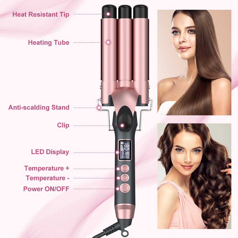 3 Barrel Curling Iron Wand 25mm Hair Waver Crimper Hair Iron with LCD Display, Ceramic Tourmaline Triple Barrels Temperature Adjustable, Dual Voltage (Rose Gold)