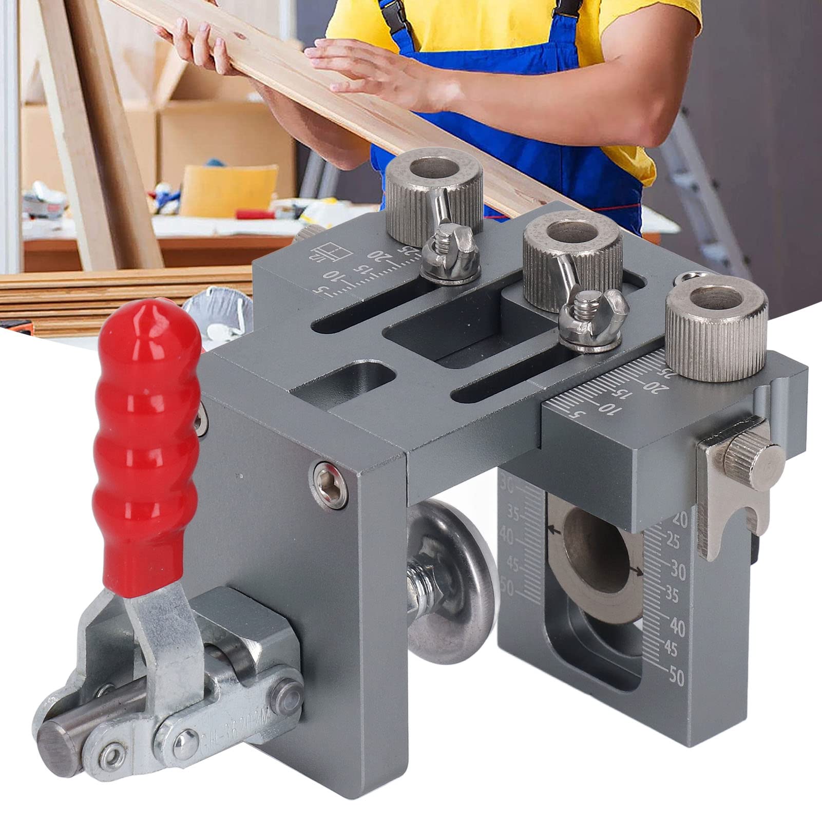 3 in 1 Adjustable Woodworking Drilling Puncher Locator Pocket Drill Dowel Jig Kit Woodworking Drill Hole Jig Drill Guide Quick Clamping Limiting Puncher Locator Tool Set