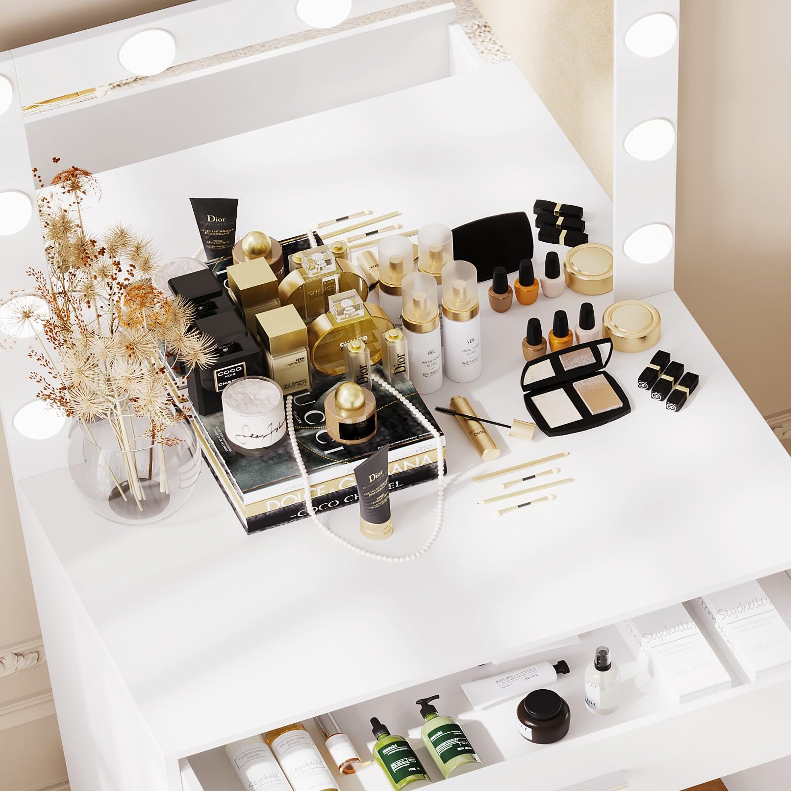 Rovaurx Vanity Table with Large Lighted Mirror, Makeup Vanity Dressing Table with Drawer, Bedroom Dressing Desk for Women, 11 LED Light Bulbs & Adjustable Brightness, White RSZT105W
