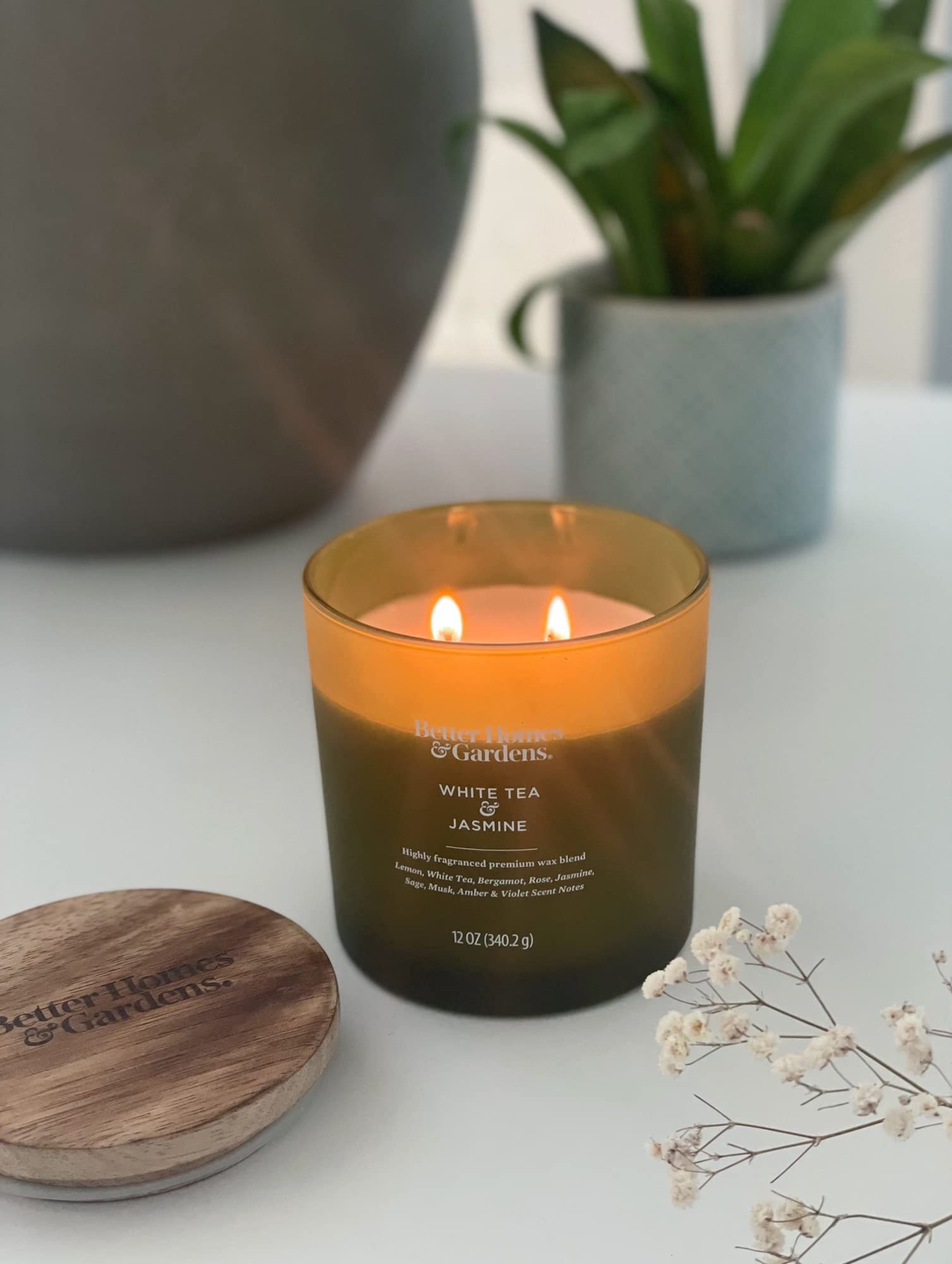 BetterHomes&Gardens Better Homes and Gardens 12oz Scented Candle, White Tea and Jasmine 2-Pack, Olive Green, 12oz (329g) x 2 [excluding glass jar weight] (44220)