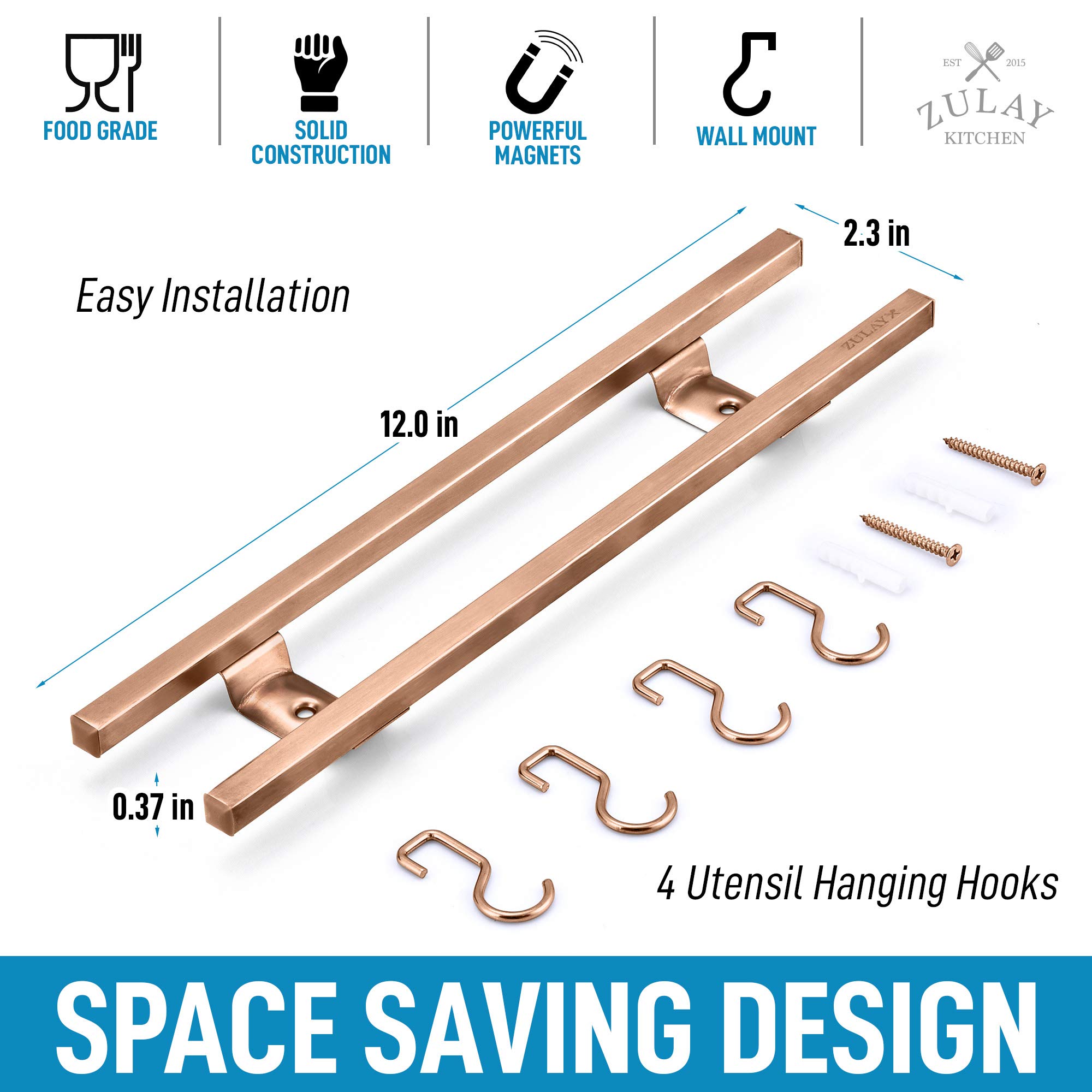 Zulay (12 Inch) Stainless Steel Magnetic Knife Holder For Wall - Powerful Knife Magnetic Strip With Extra Hanging Hooks - Wall Mount Magnetic Knife Strip & Organizer For Kitchen & Tools (Copper)