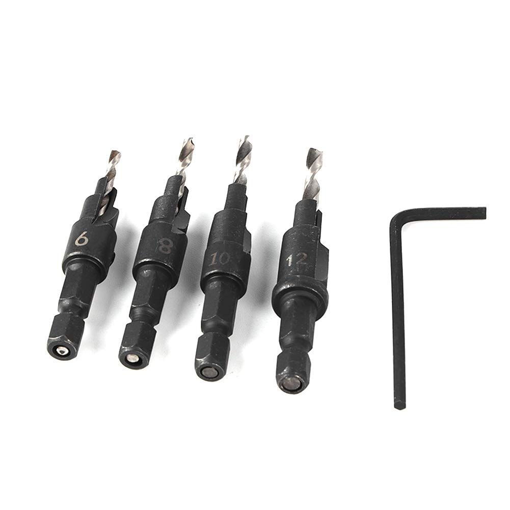 Zerodis 4Pcs HSS Drill Bit Set for Metal Hexagonal Shank Taper Drill with Hex Wrench Countersink Woodworking Tools