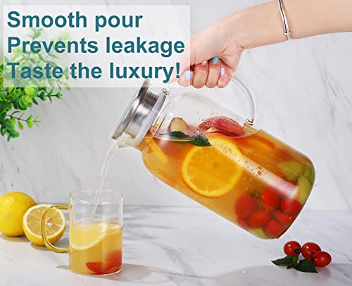 Glass Pitcher - Water Pitcher - Fridge Glass Pitcher with Lid Ice Tea Maker - 86OZ 18/8 Stainless Steel - Easy Clean Heat Resistant Borosilicate Glass Jug for Juice,Milk, Cold or Hot Beveragesā¦