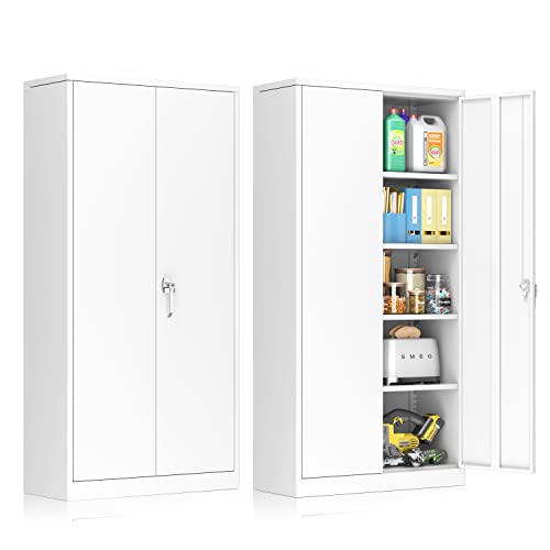 Greenvelly White Metal Storage Cabinet, 72" Locking Storage Cabinets with Doors and 4 Shelves, Tall Tool Storage Cabinet for Garage, Steel Lockable File Cabinet Metal Locker for Home Office, Classroom