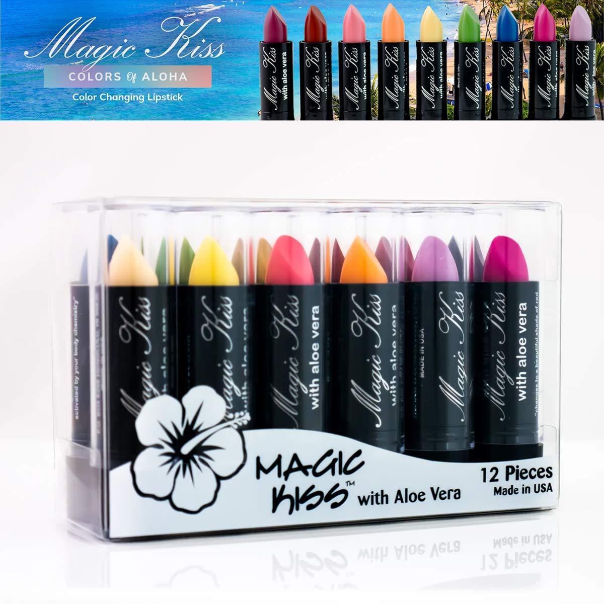 Magic Kiss Pack of 12 Color Changing Aloe Vera Lipstick Set Made in USA (Colors of Aloha 03)