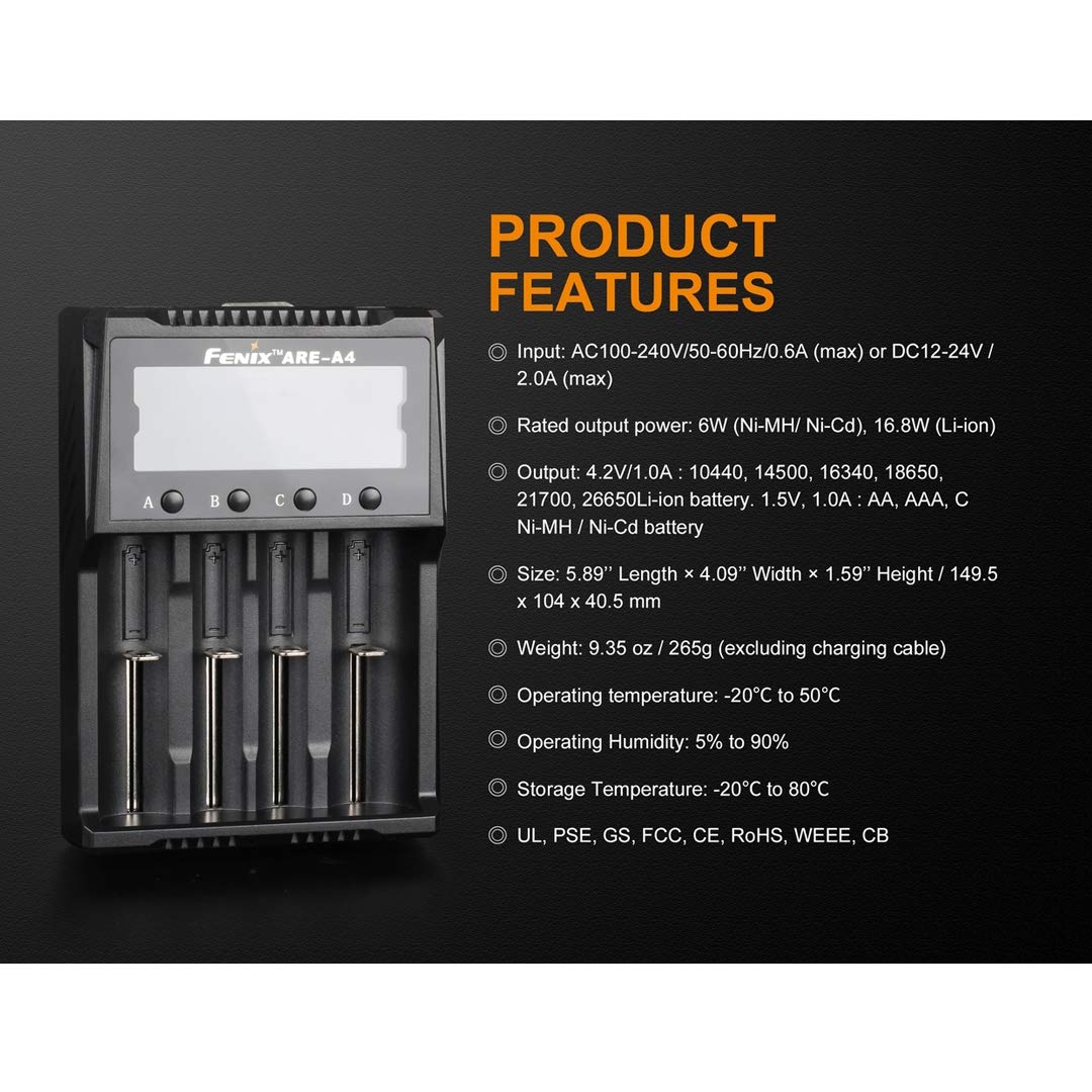 FENIX are-A4 Multifunctional Smart Battery Charger for Popular Rechargeable Batteries (18650, 21700, 16340) with LumenTac Battery Organizer