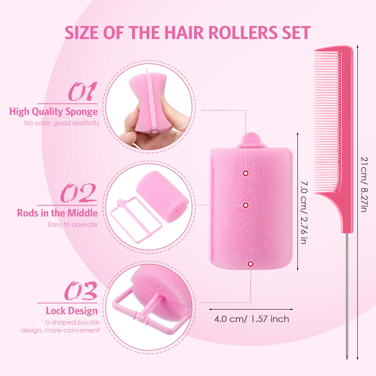 Syhood 12 Pcs Jumbo Foam Sponge Hair Rollers 1.89 Inch Soft Sleeping Curlers Flexible Large Foam Rollers and Rat Tail Comb for Hair Styling(Pink)