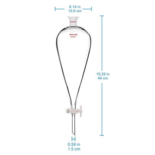 StonyLab Borosilicate Glass 2000 ml Heavy Wall Conical Separatory Funnel with 24/40 Joints and PTFE Stopcock, 2 L (2 Liter)