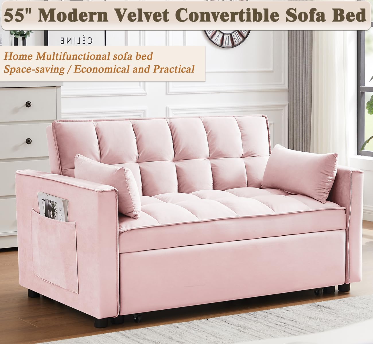 3 in 1 Convertible Velvet Loveseat Futon Couch Bed for Small Spaces - Pull Out Sofa Bed, Adjustable Backrest, Lumbar Pillows (Pink)
