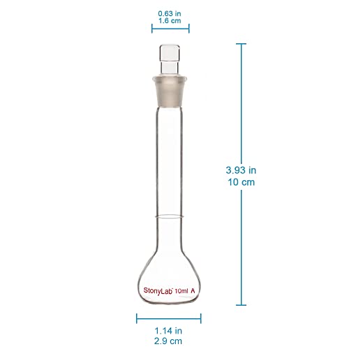 stonylab Glass Volumetric Flask Class A with Glass Stopper, Borosilicate Glass Heavy Wall Volumetric Flask Tolerance ±0.02 ml, 10 ml