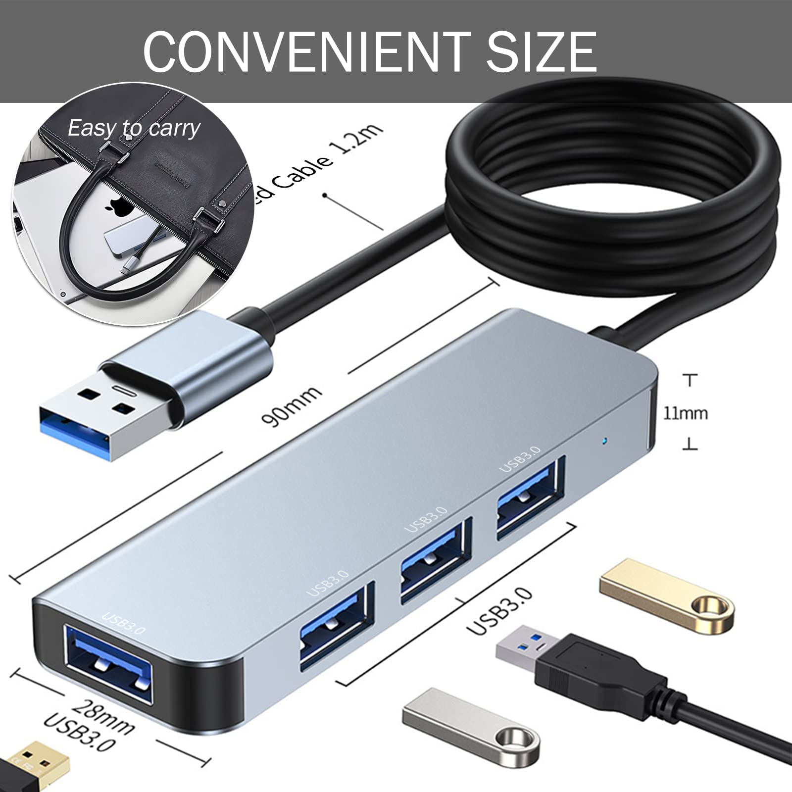 4-Port USB 3.0 Hub, Portable Data USB Hub with 3.9ft Extended Cable, USB Splitter for MacBook, Mac Pro, Mac Mini, iMac, Surface Pro, Laptop, PC, Flash Drive, Mobile HDD (Charging Not Supported)