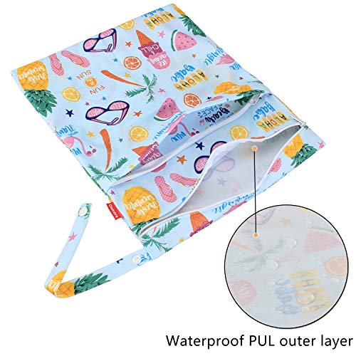 Damero 2Pcs Wet Dry Bag with 2 Zippered Pockets and Snap Handle for Cloth Diaper, Swimsuit, Clothes, Ideal for Travel, Exercise, Daycare, Roomy and Water-Resistant (Small+Large,Summer Style)