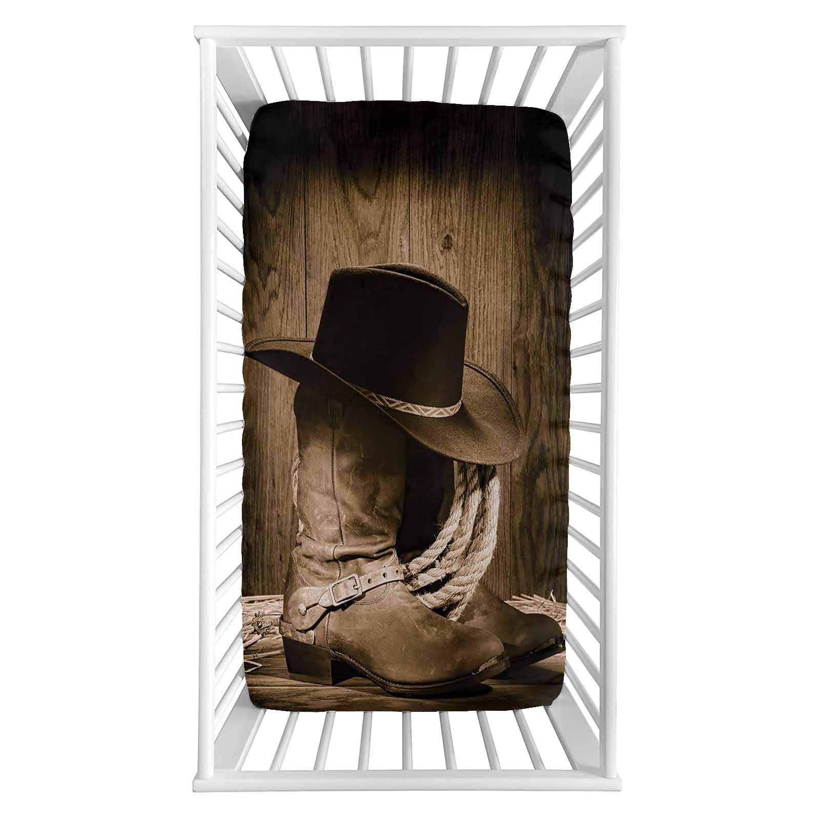 Western Fitted Crib Sheet,Wild West Themed Cowboy Hat and Old Ranching Rope On Wooden Display Rodeo Cowboy Style Microfiber Silky Soft Toddler Mattress Sheet Fitted,28"x 52"x 8'' for Boys Girls