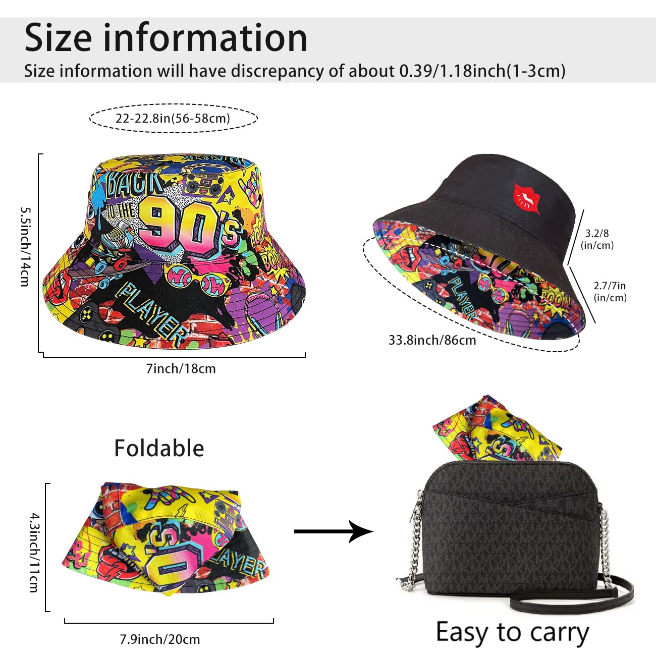80s/90s Bucket Hat for Men Women, Packable Reversible Printed Sun Hat for Womens Men, 100% Polyester Material, UV Protection (Youth and 90s)