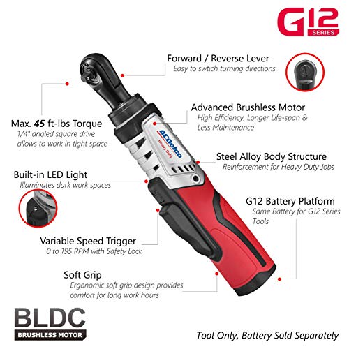 ACDelco ARW1210-2T G12 Series 12V Cordless Li-ion 1/4” 45 ft-lbs. Brushless Ratchet Wrench - Bare Tool Only