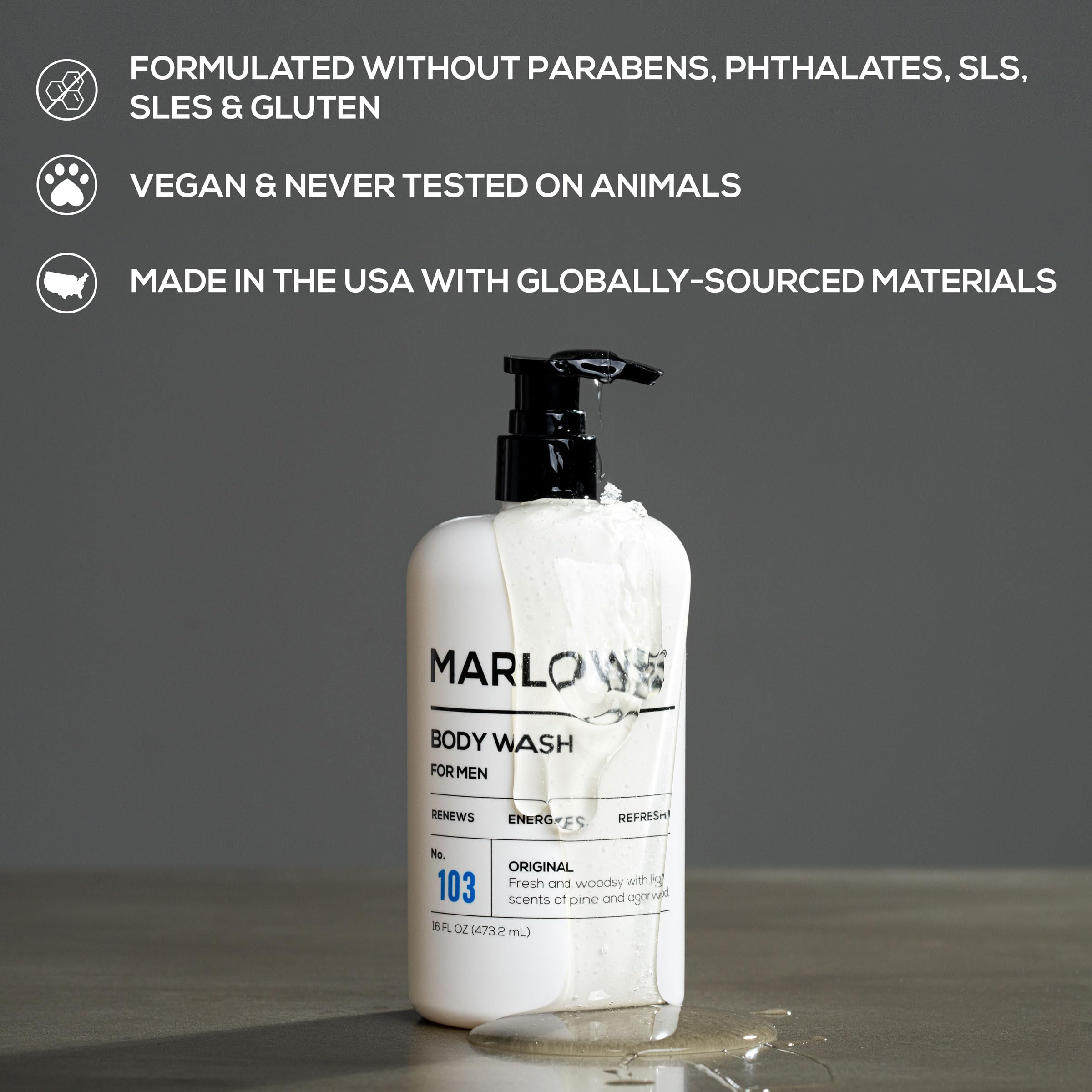 MARLOWE. No. 103 Mens Body Wash 16 oz, Energizing and Refreshing with Moisturizing Natural Willow Bark & Green Tea Extracts, Fresh Pine & Agarwood Scent