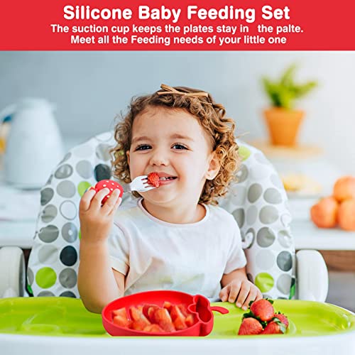Baby Led Weaning Supplies Pinko Coral Silicone Baby Self Feeding Utensils with Suction Bowl Divided Plate Adjustable Baby Bib Soft Spoon Fork with Lid Drinking Cup Utensil