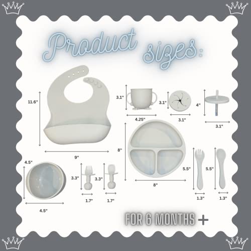 Baby Led Weaning 10 Piece Feeding Eating Supplies | Strong Suction Plate Silicone Cup Snack Lid Drink Lid with Straw Silicone Suction Bowl Bib Spoons Forks Baby Tableware Set 6MonthsToToddler(Grey)